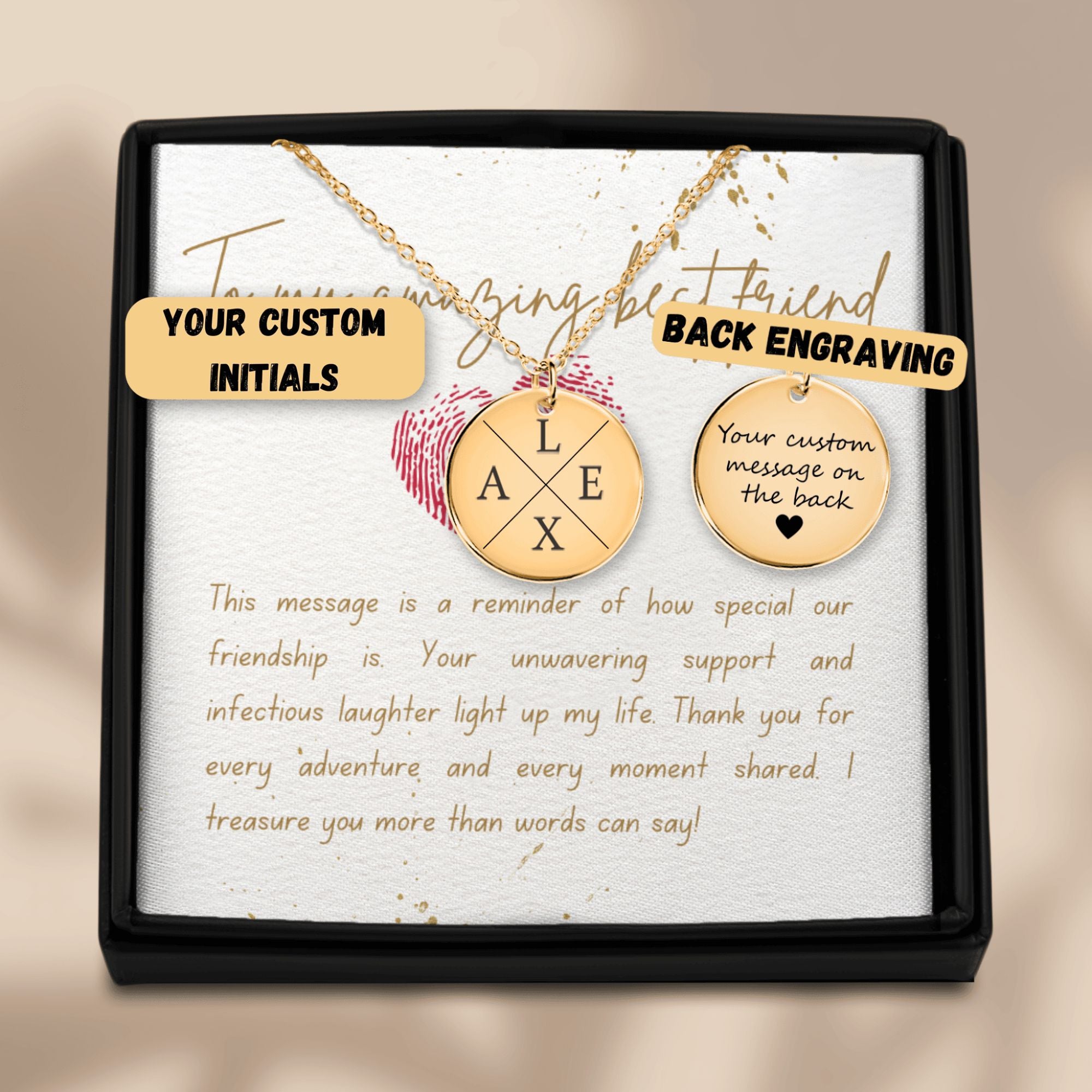 GIFT FOR A BEST FRIEND Initials with Custom Message Necklace